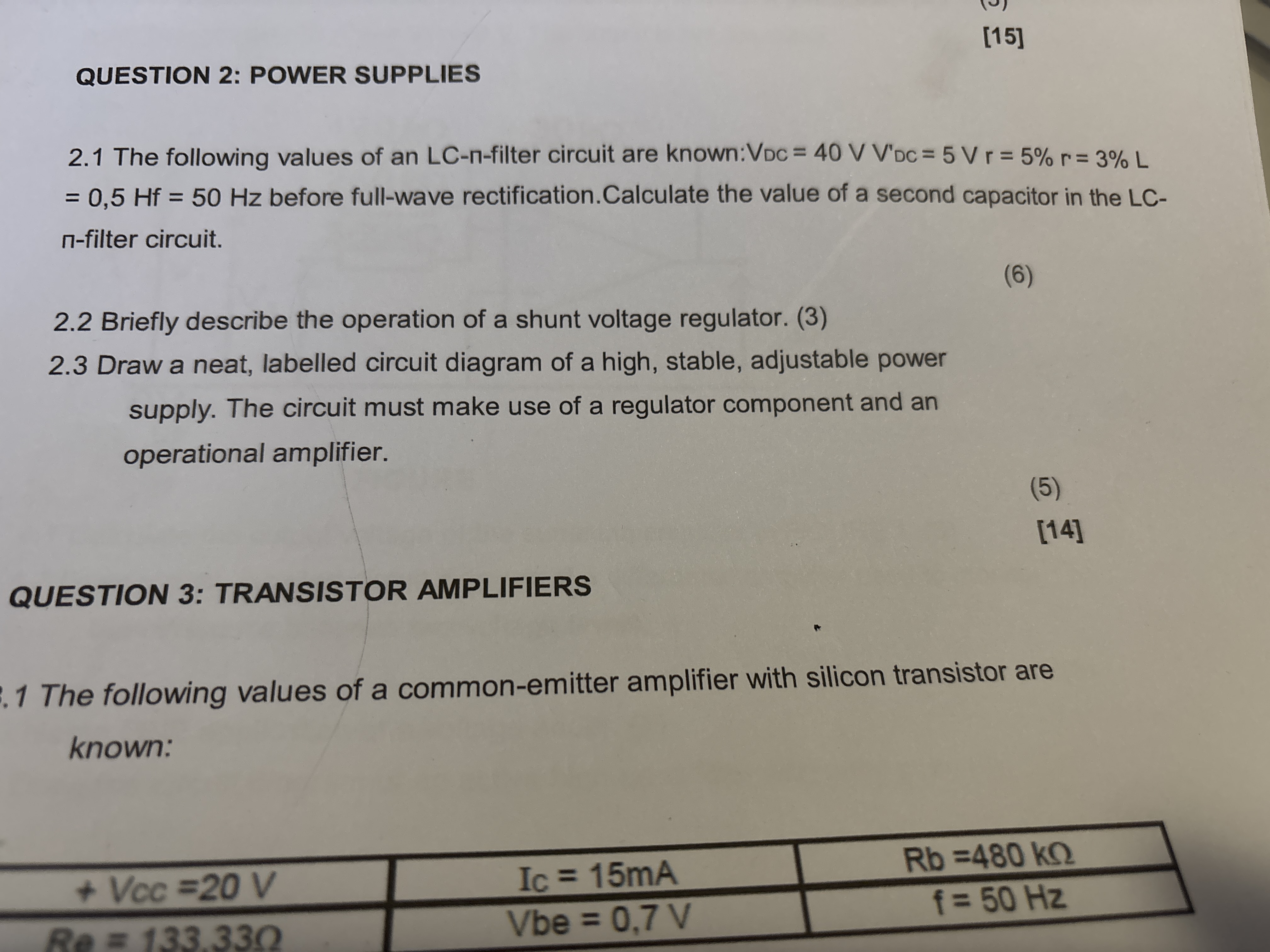 QUESTION 2: POWER SUPPLIES2.1 ﻿The following values | Chegg.com