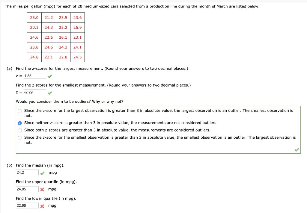 Solved The miles per gallon (mpg) for each of 20 | Chegg.com