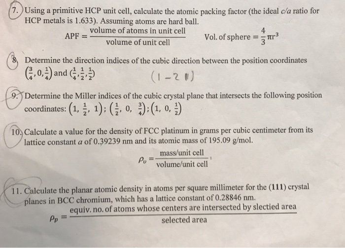 Solved 7. Using a primitive HCP unit cell, calculate the | Chegg.com