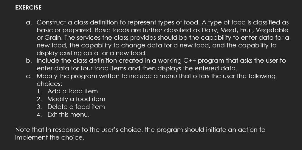 Solved a. Construct a class definition to represent types of | Chegg.com