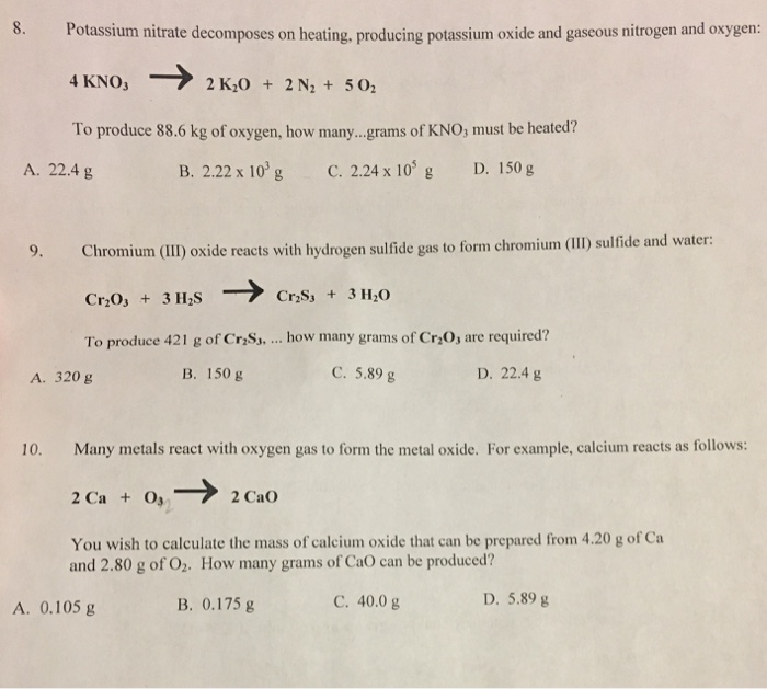 Solved Potassium nitrate decomposes on heating, producing | Chegg.com