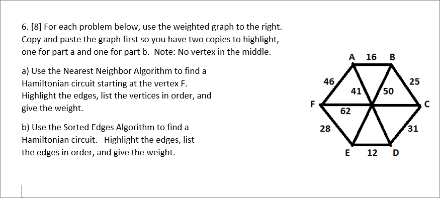 Solved 6. [8] For each problem below, use the weighted graph | Chegg.com
