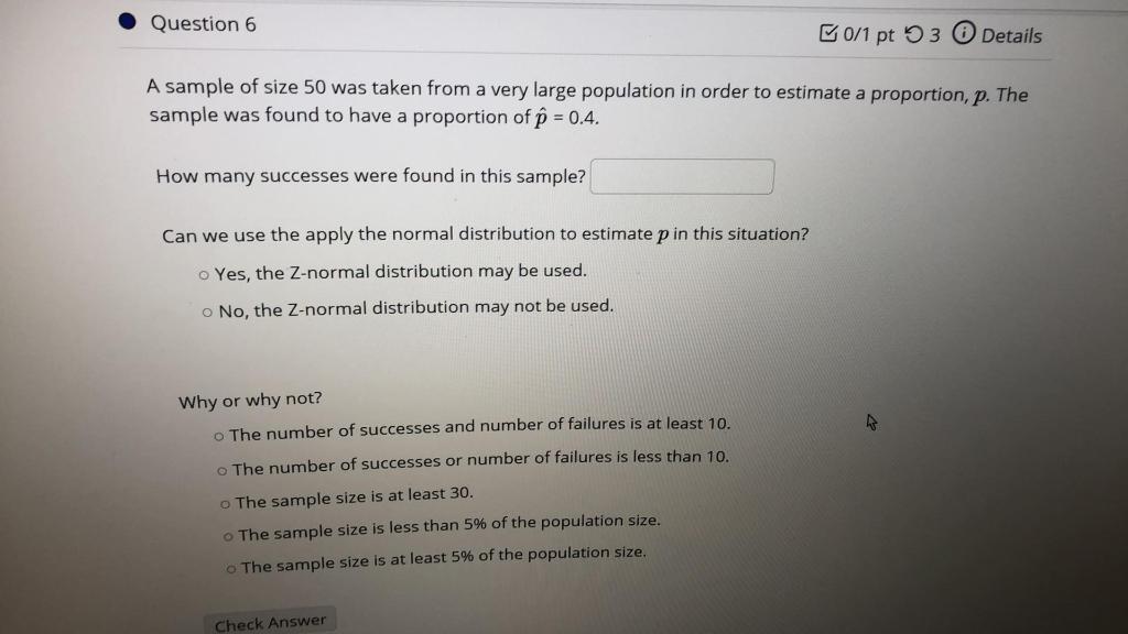 Solved Question 6 B0/1 pt 53 Details A sample of size 50 was | Chegg.com
