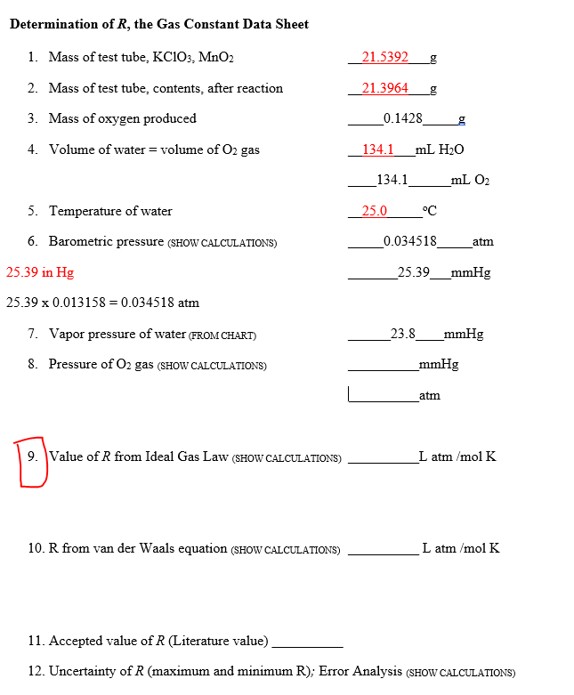 Solved Value of R from Ideal Gas Law from given (Show | Chegg.com