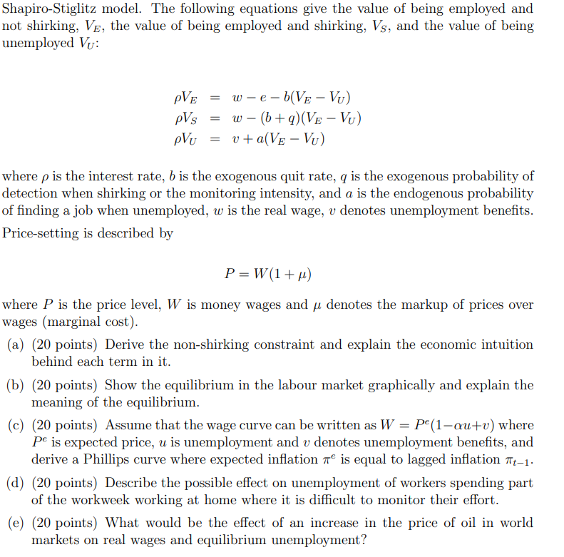 Solved Shapiro-Stiglitz model. The following equations give | Chegg.com