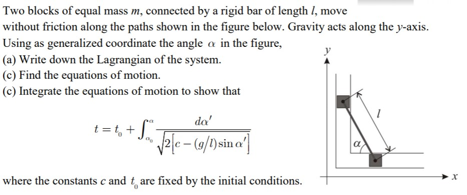 Solved Two blocks of equal mass m, connected by a rigid bar | Chegg.com