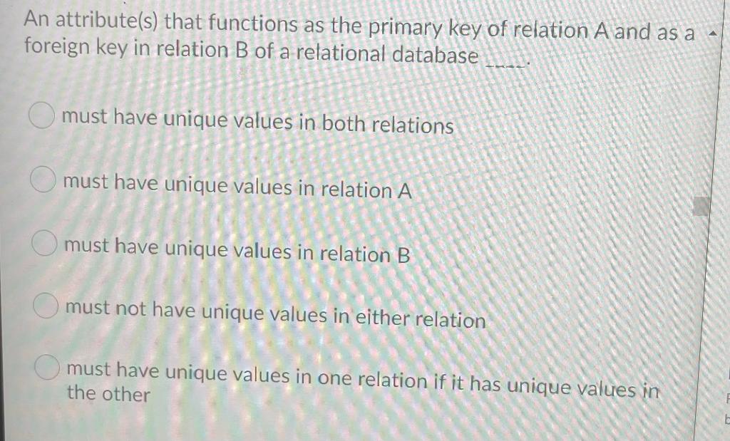 Solved An attribute(s) that functions as the primary key of | Chegg.com