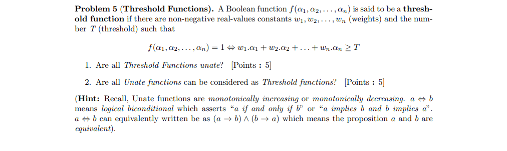 Solved Problem 5 Threshold Functions A Boolean Function 1895
