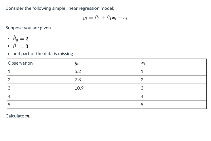 Solved Consider the following simple linear regression | Chegg.com