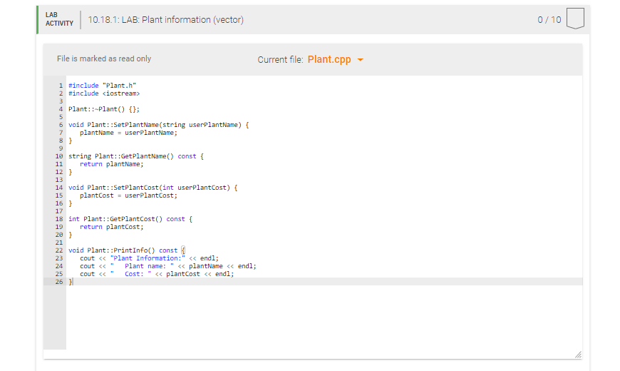 Solved 10.18 LAB: Plant information (vector) Given a base | Chegg.com