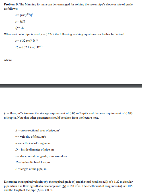 Solved Problem 9. The Manning formula can be rearranged for | Chegg.com