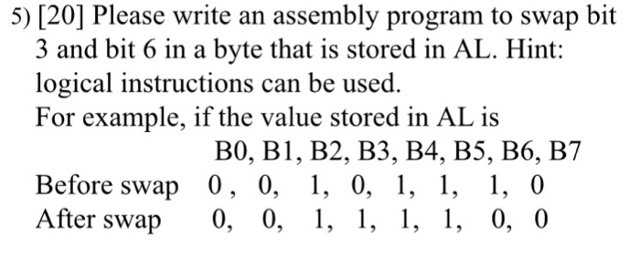Solved 5) [20] Please write an assembly program to swap bit | Chegg.com