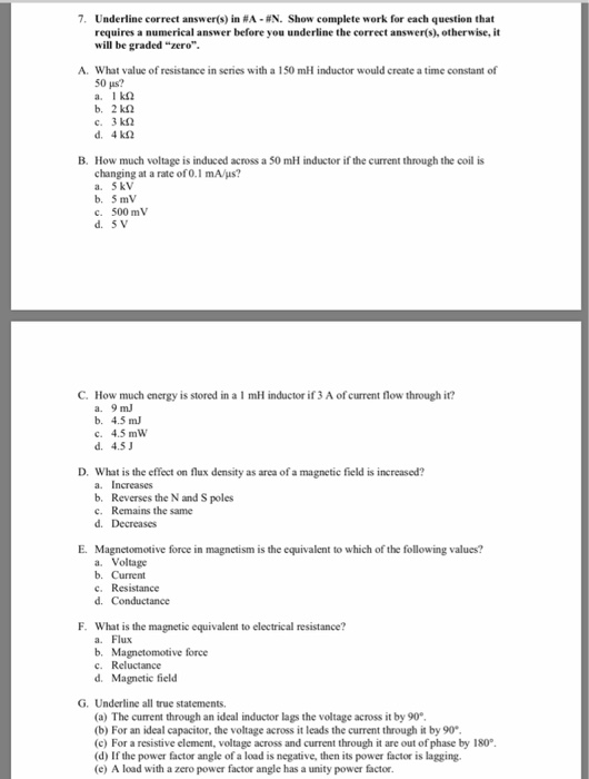 Solved 7. Underline correct answer(s) in #A-RN. Show | Chegg.com