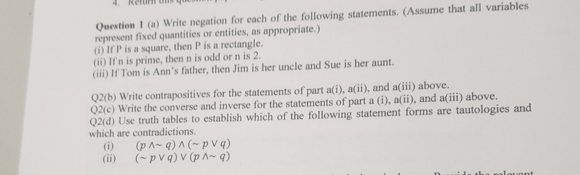 Solved Question 1 (a) Write negation for each of the | Chegg.com