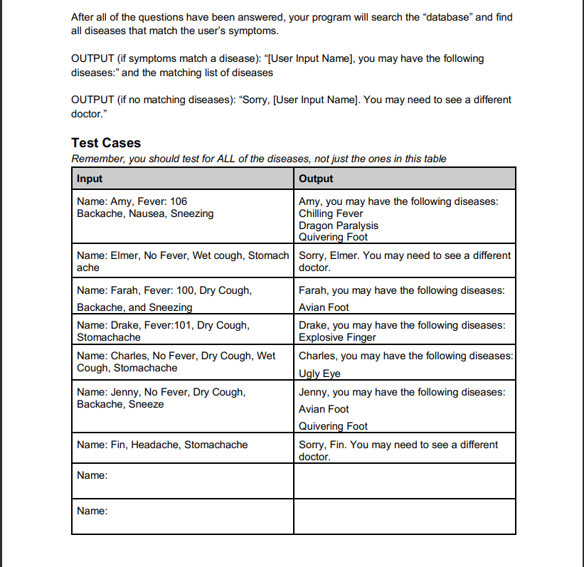 Solved AP CSP FINAL PROJECT Diagnosis Machine For this | Chegg.com