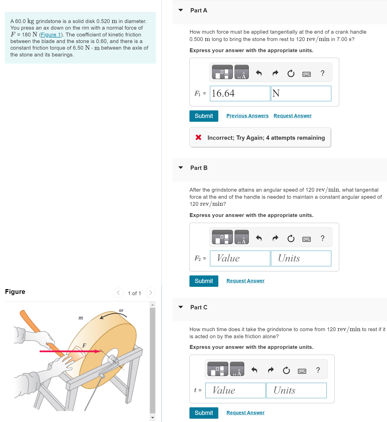 Solved Part AA 60.0kg ﻿grindstone is a solid disk 0.520m ﻿in | Chegg.com