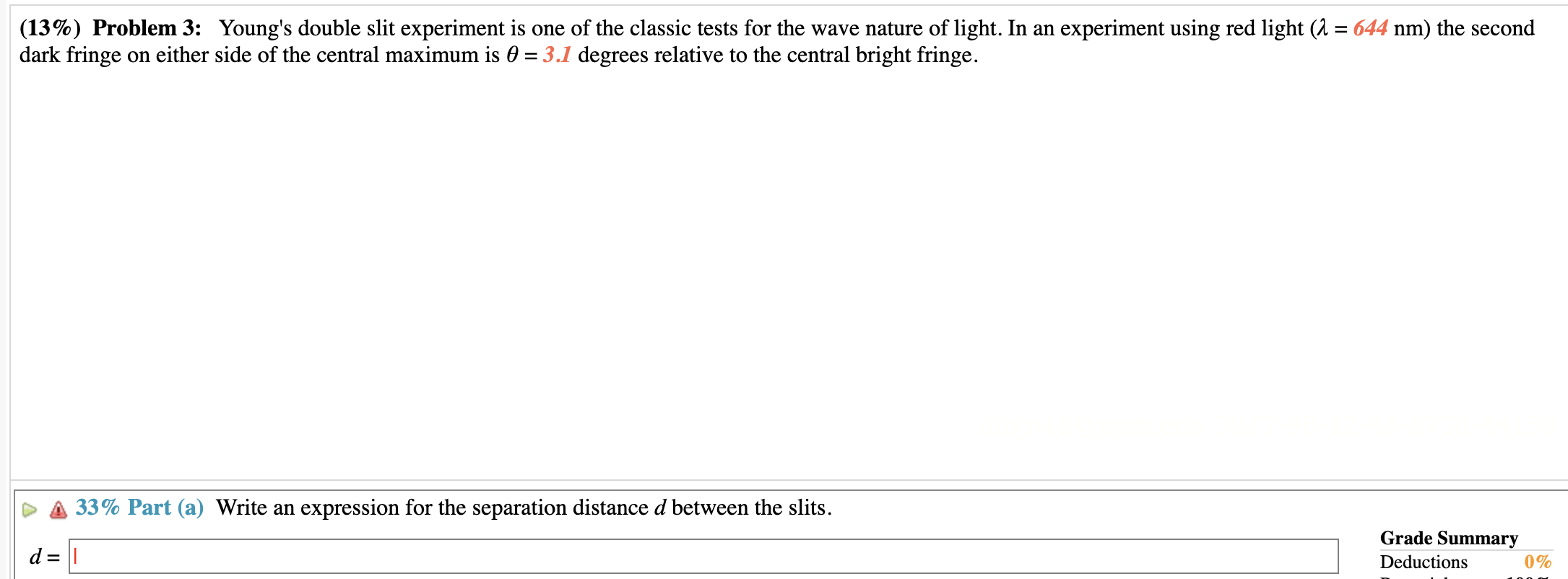 Solved (13\%) Problem 3: Young's double slit experiment is | Chegg.com