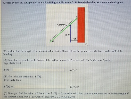 Solved A fence 16 feet tall runs parallel to a tall building | Chegg.com