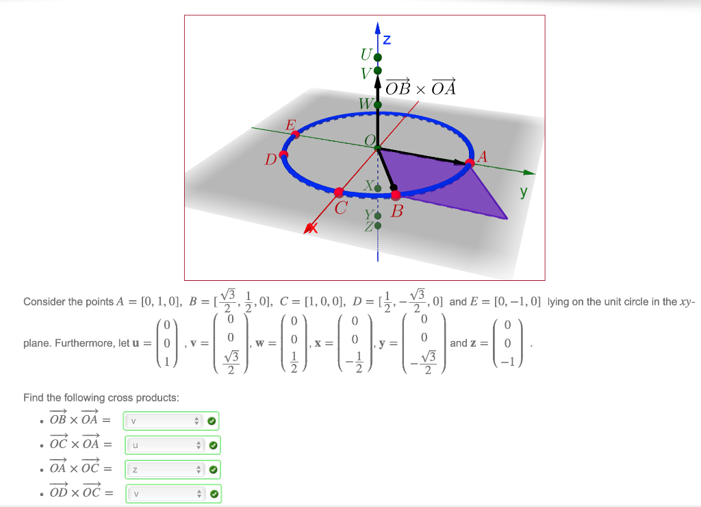 Solved OB x OÀ Consider the points A = [0, 1, 0], B = [V3, | Chegg.com