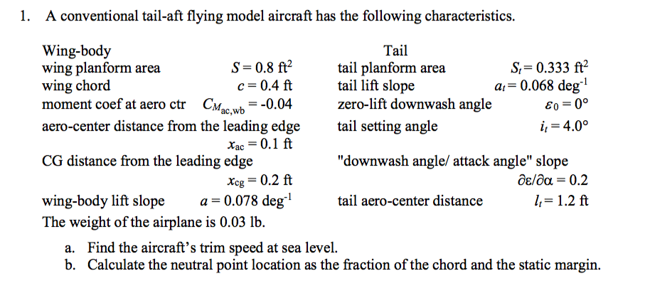 Solved 1. A conventional tail-aft flying model aircraft has | Chegg.com