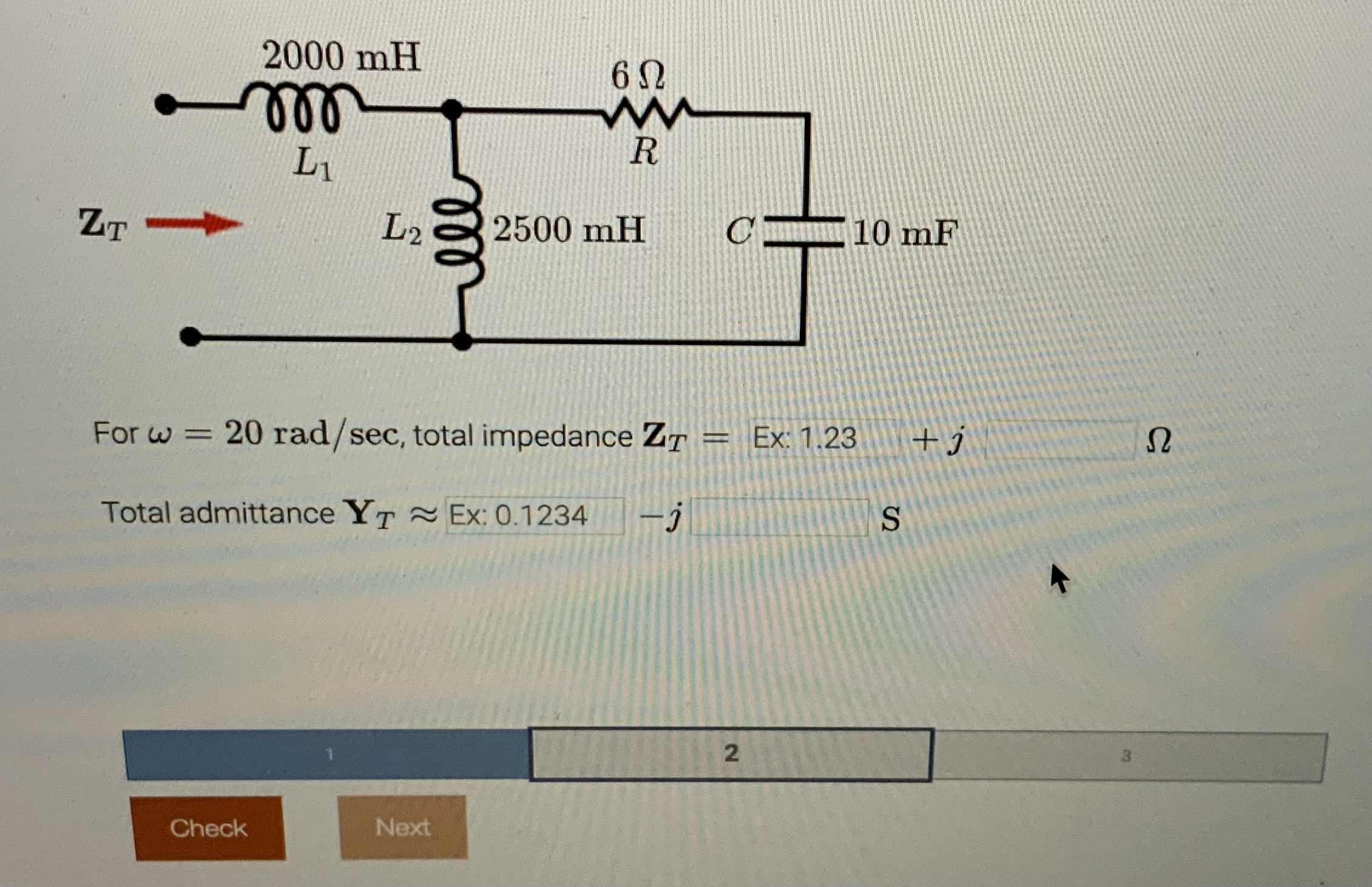 Solved For ω=20rad/sec, total impedance ZT= Total admittance | Chegg.com