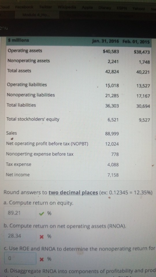 Solved $ millions Operating assets Nonoperating assets Total | Chegg.com