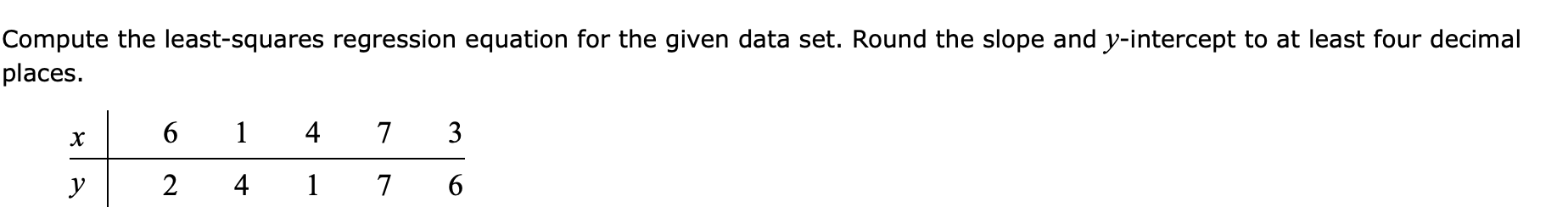 Solved Compute the least-squares regression equation for the | Chegg.com