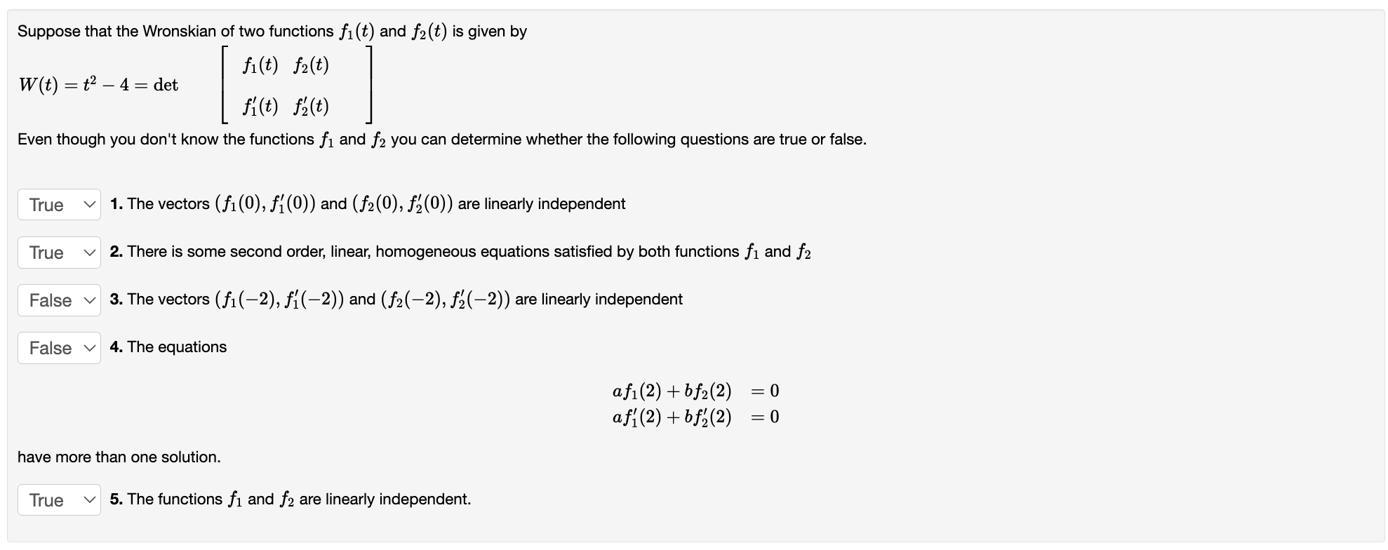 Solved Suppose that the Wronskian of two functions f1(t) and | Chegg.com