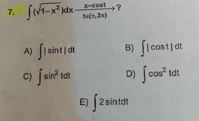 Solved dx √₁+x² A) sintdt c) fcottdt x=tant ? te(-2,72) B) | Chegg.com