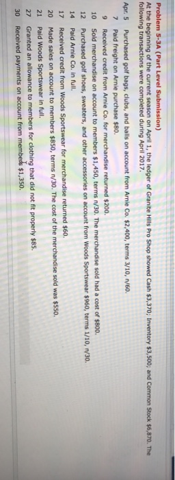 Problem 5-3A (Part Level Submission) At the beginning | Chegg.com