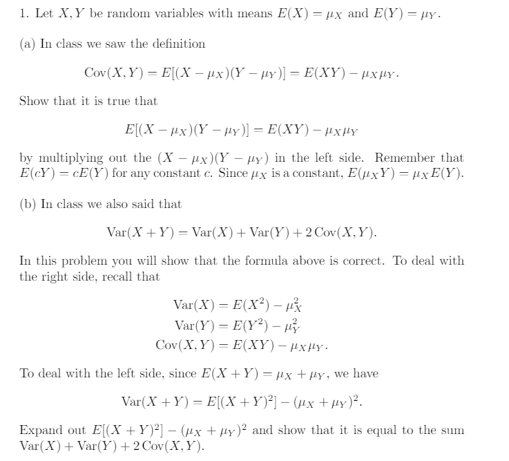 Solved 1 Let X Y Be Random Variables With Means E X μx And