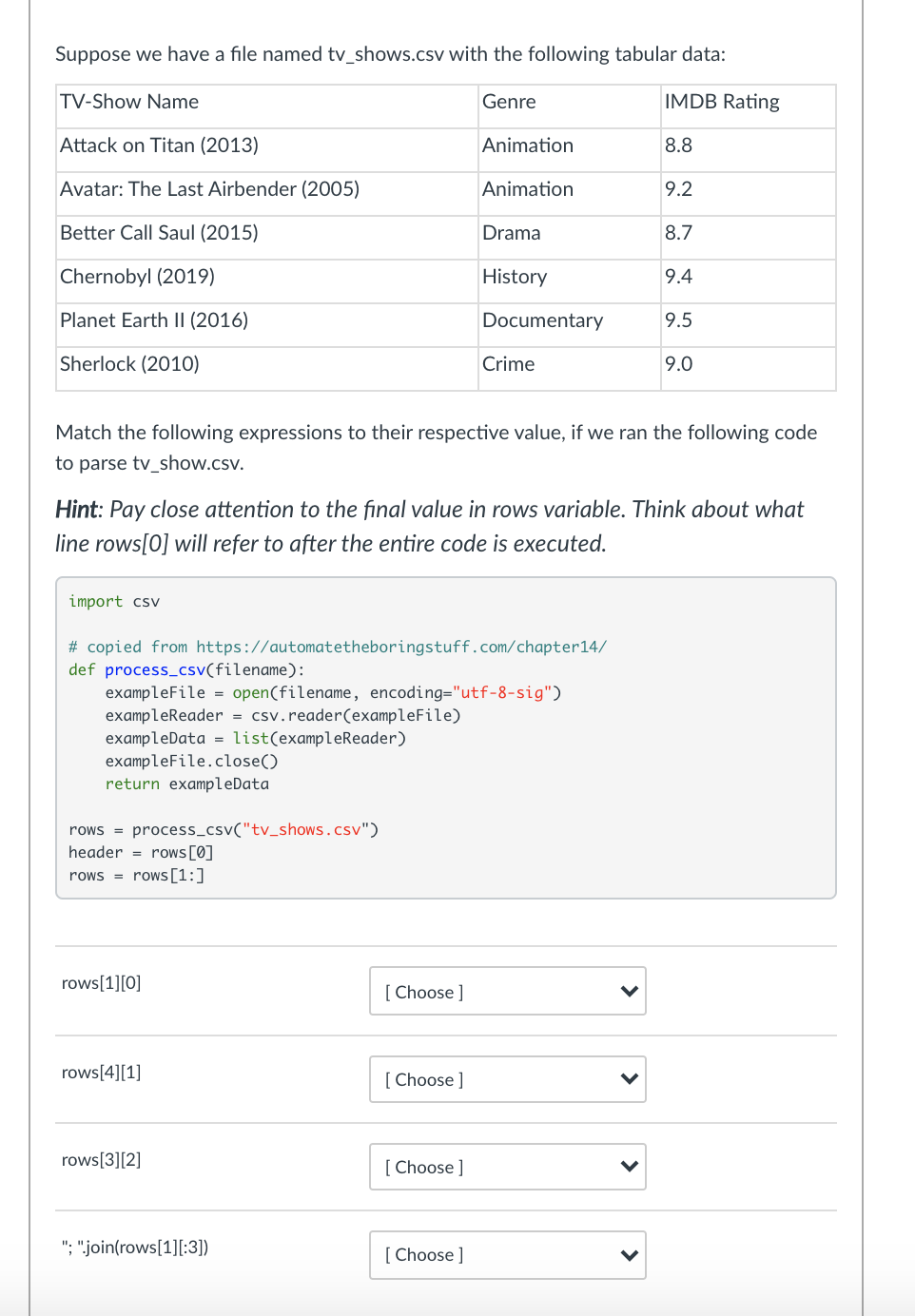 Solved Suppose we have a file named tv_shows.csv with the | Chegg.com