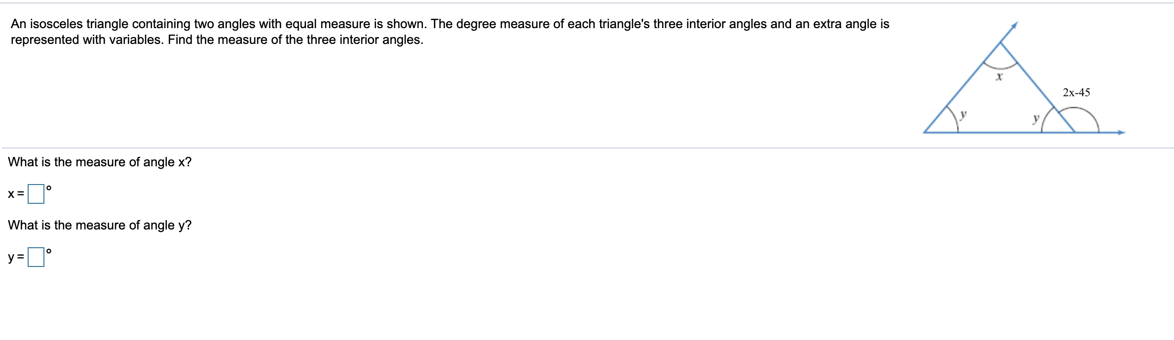 Solved An isosceles triangle containing two angles with | Chegg.com