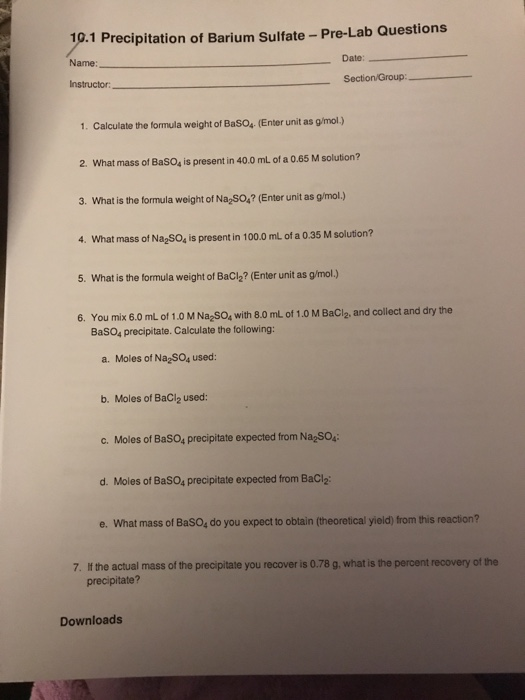 Solved 10.1 Precipitation of Barium Sulfate-Pre-Lab | Chegg.com