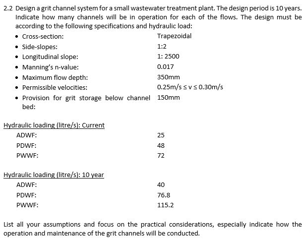2.2 Design a grit channel system for a small | Chegg.com