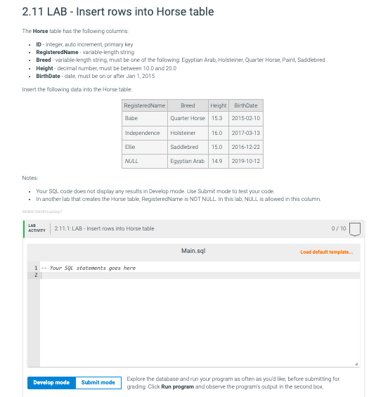 Solved 2.11 ﻿LAB - ﻿Insert rows into Horse tableThe Horse | Chegg.com