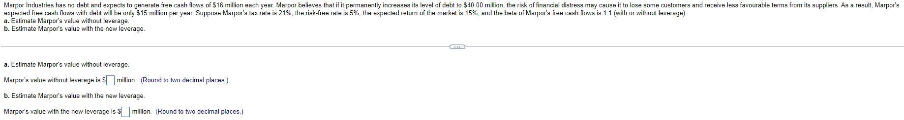 Solved Marpor Industries has no debt and expects to generate | Chegg.com
