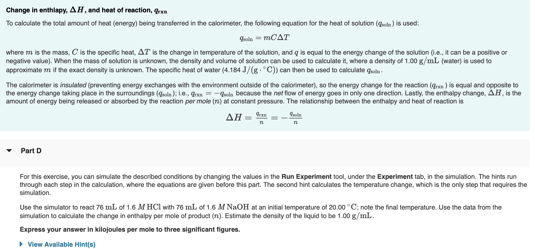 Solved qsoln=mCΔT where m is the mass, C is the specific | Chegg.com
