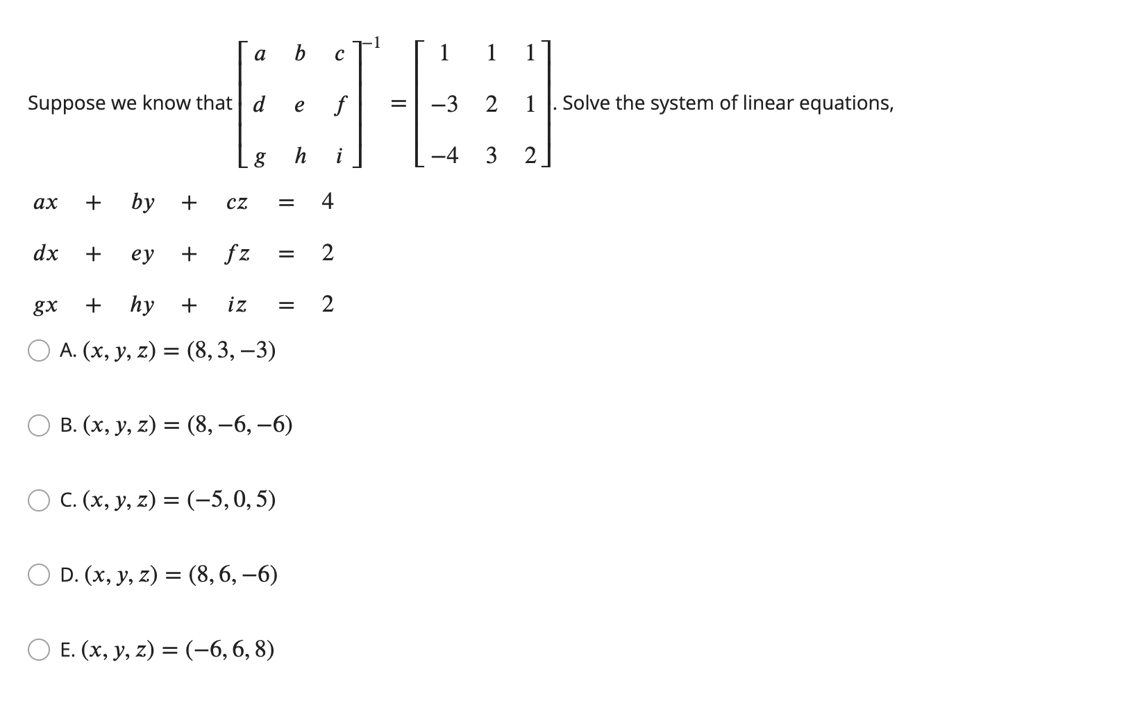 Solved a b c Suppose we know that d e f g h i ax by + CZ = | Chegg.com