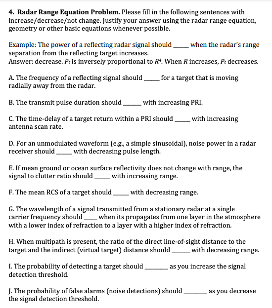 Solved 4. Radar Range Equation Problem. Please fill in the | Chegg.com