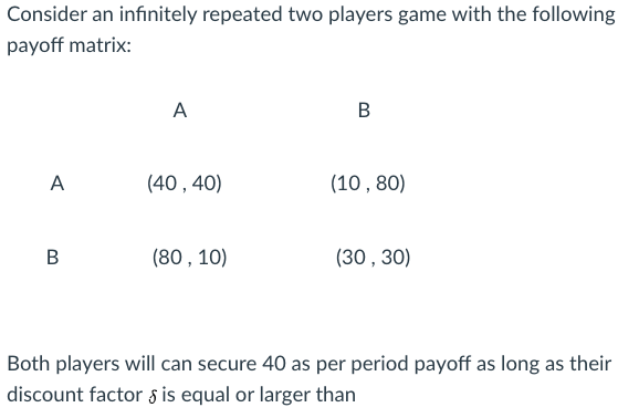 Solved Consider an infinitely repeated two players game with | Chegg.com