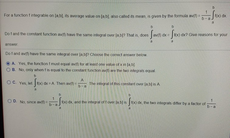 Solved For a function f integrable on [abl its average value | Chegg.com