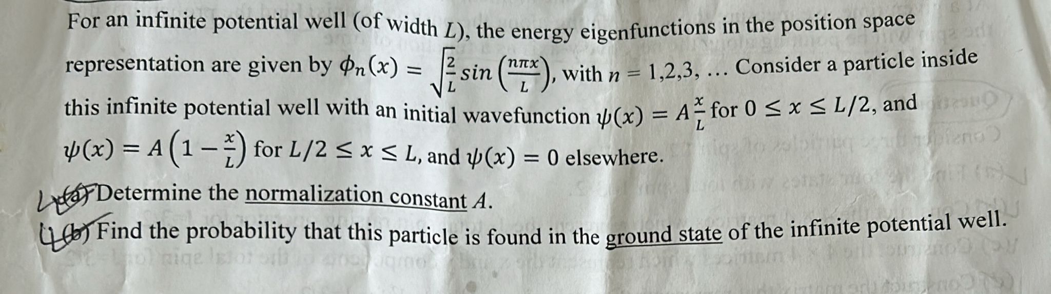 Solved For an infinite potential well (of width L ), the | Chegg.com