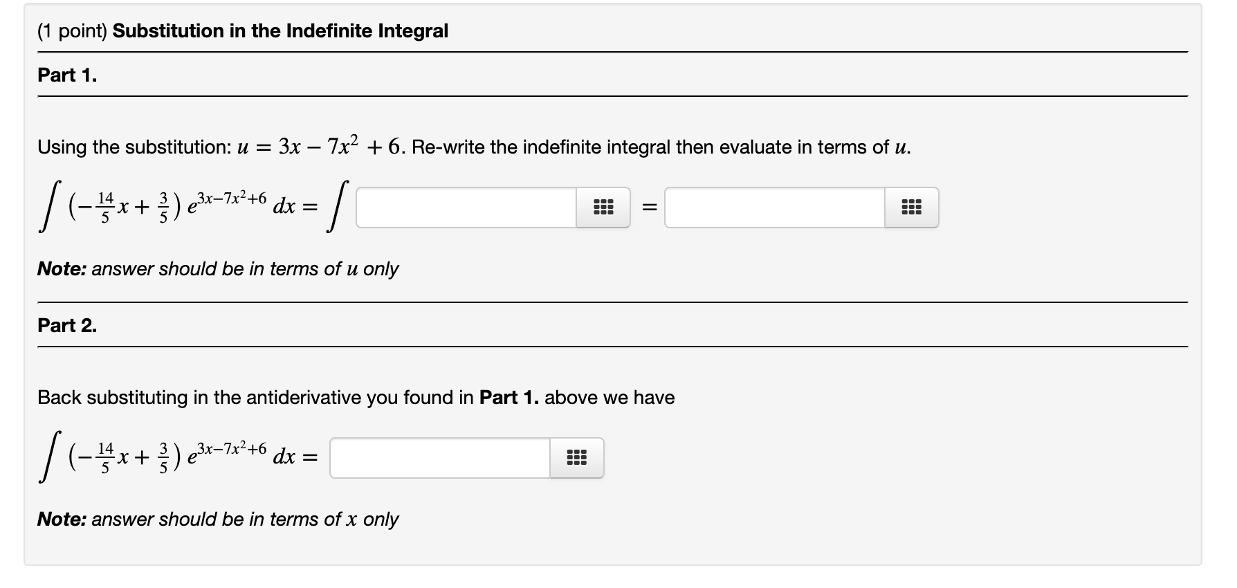 Solved (1 point) Substitution in the Indefinite Integral | Chegg.com