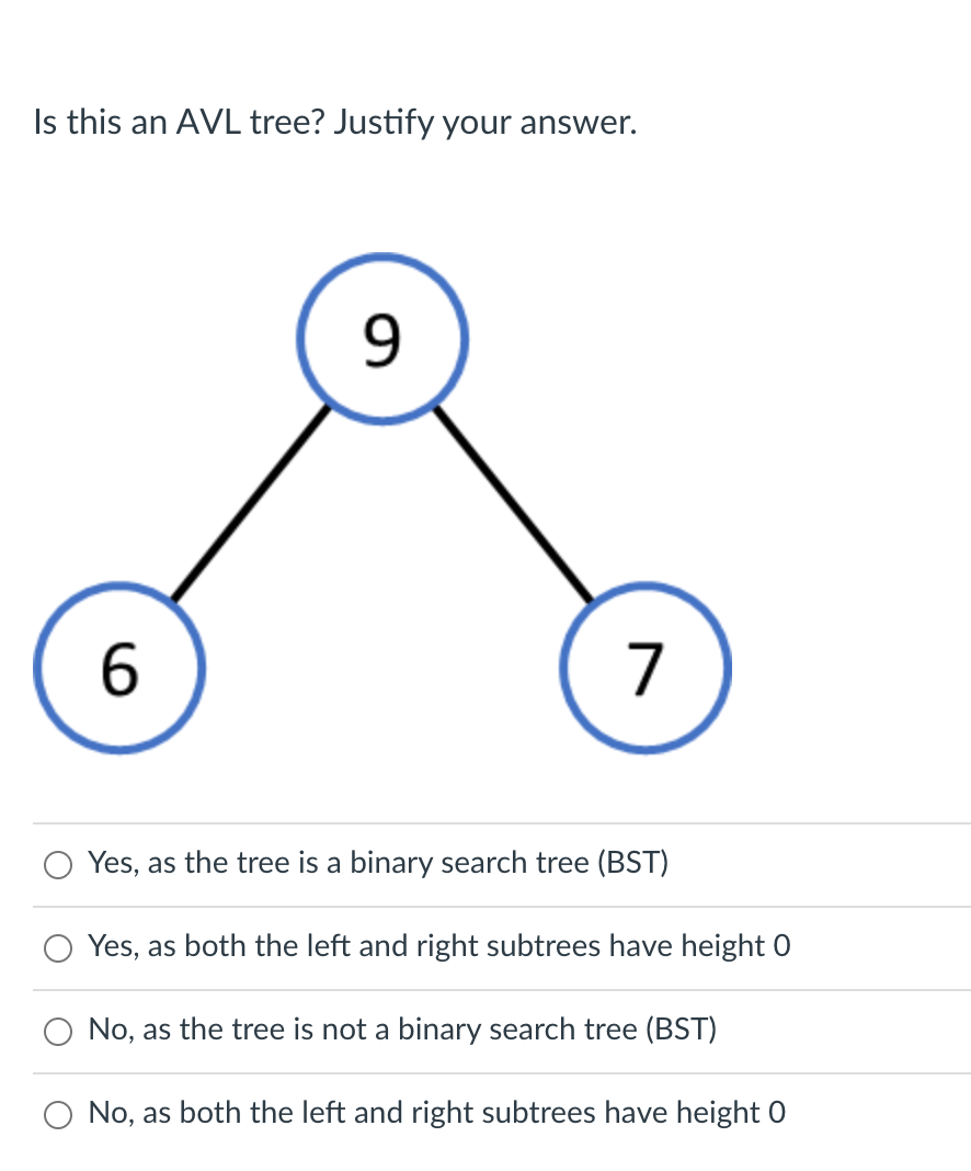 Solved Is this an AVL tree? Justify your answer. 9 6 7 Yes, | Chegg.com