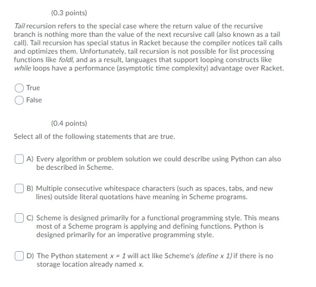 Solved 03 Points Tail Recursion Refers To The Special 