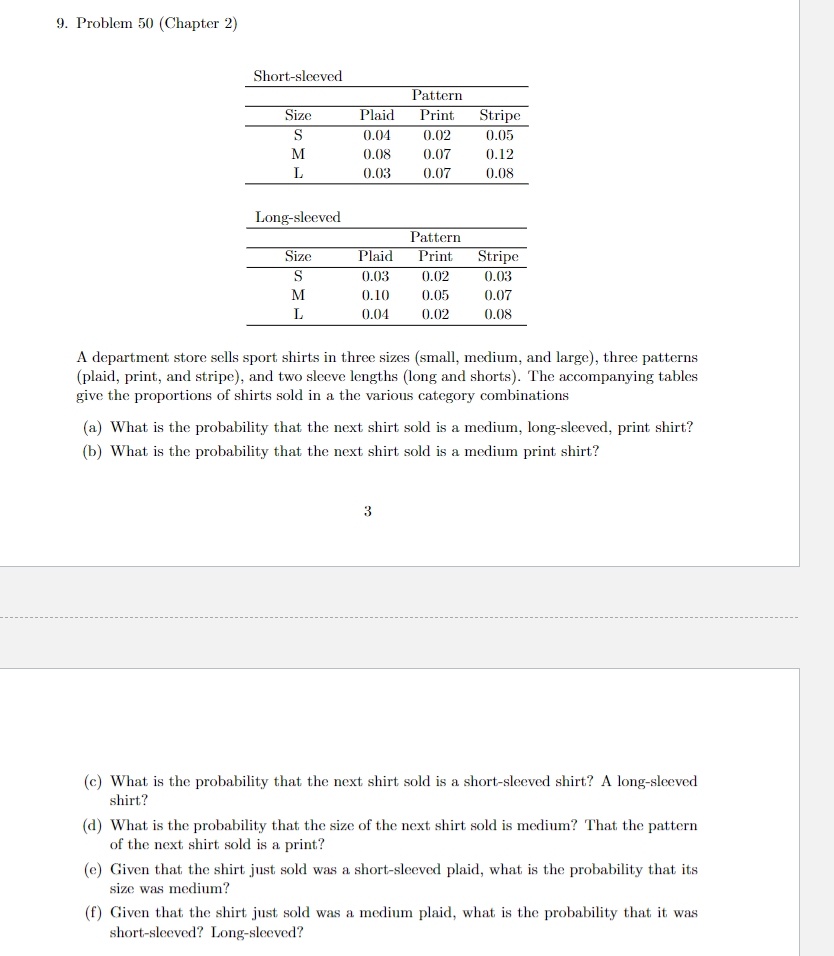 Solved Problem 50 (Chapter 2)Short-sleevedLong-sleevedA | Chegg.com