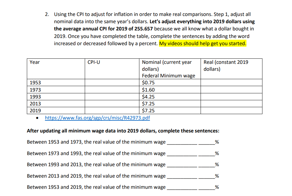 2. Using the CPI to adjust for inflation in order to | Chegg.com