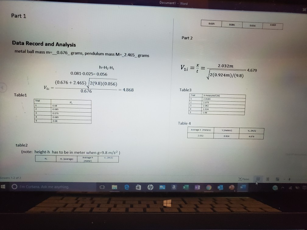 Solved Ballistic pendulum and projectile motion V1 from part | Chegg.com