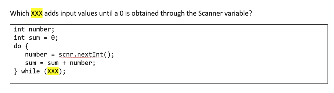 Solved int number; int sum =0; do \{ number = scnr. nextInt | Chegg.com Solved int number; int sum =0; do \{ number = scnr. nextInt | Chegg.com